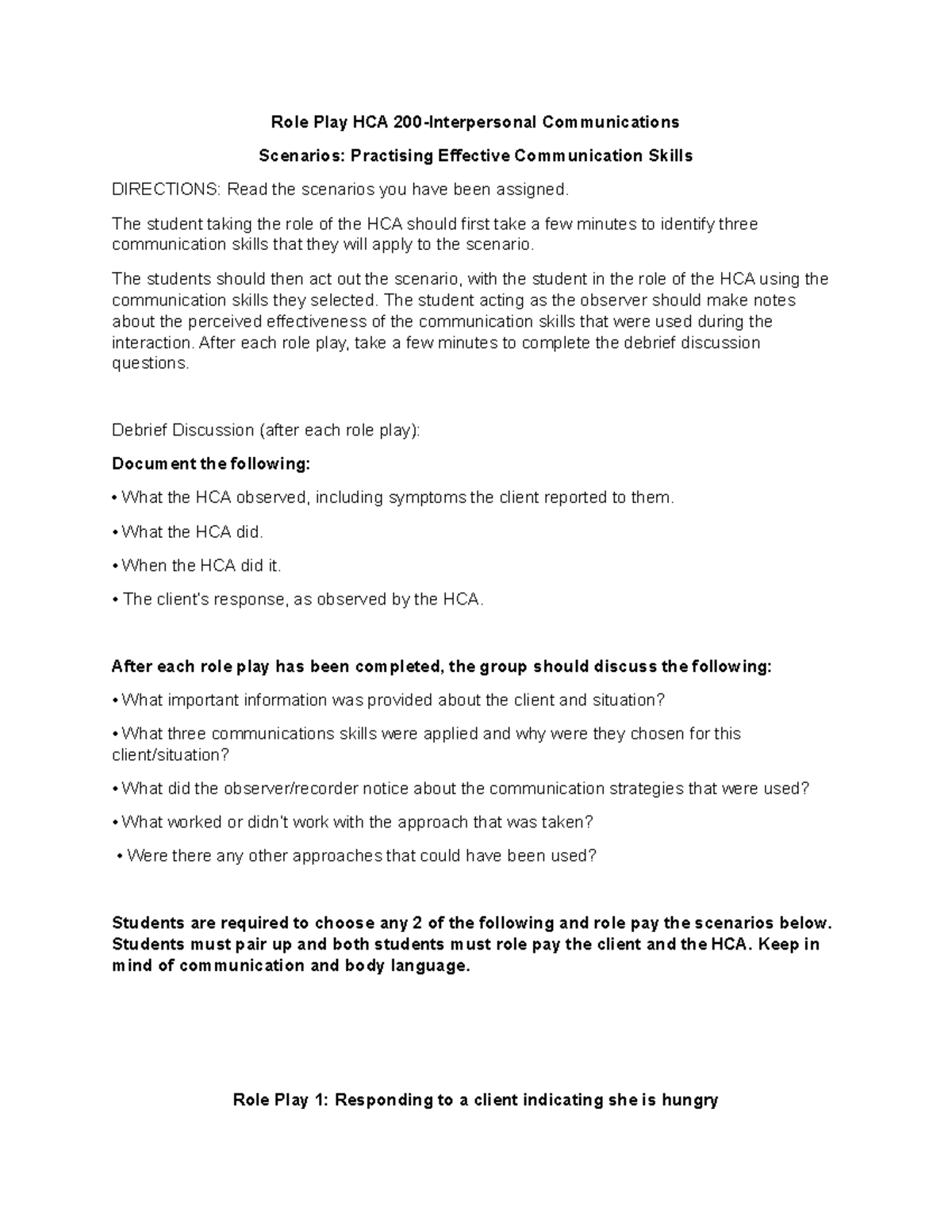 HCA 200 Role Play Scenarios: Effective Interpersonal Communication ...