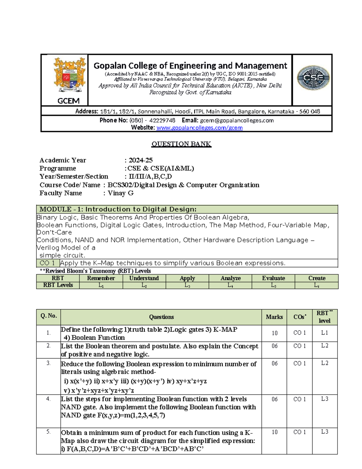 BCS302 IA-1 Question Bank: Digital Design & Logic Circuits - Studocu