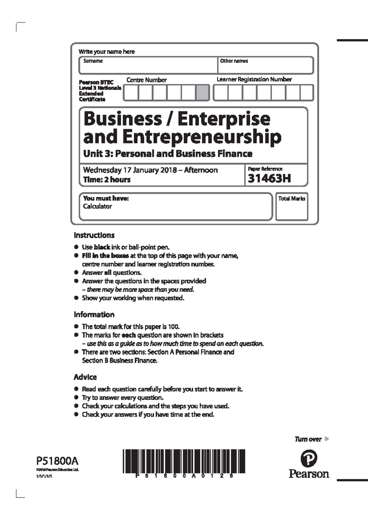 BTEC Level 3 Business Unit 3: Personal & Business Finance Practice ...