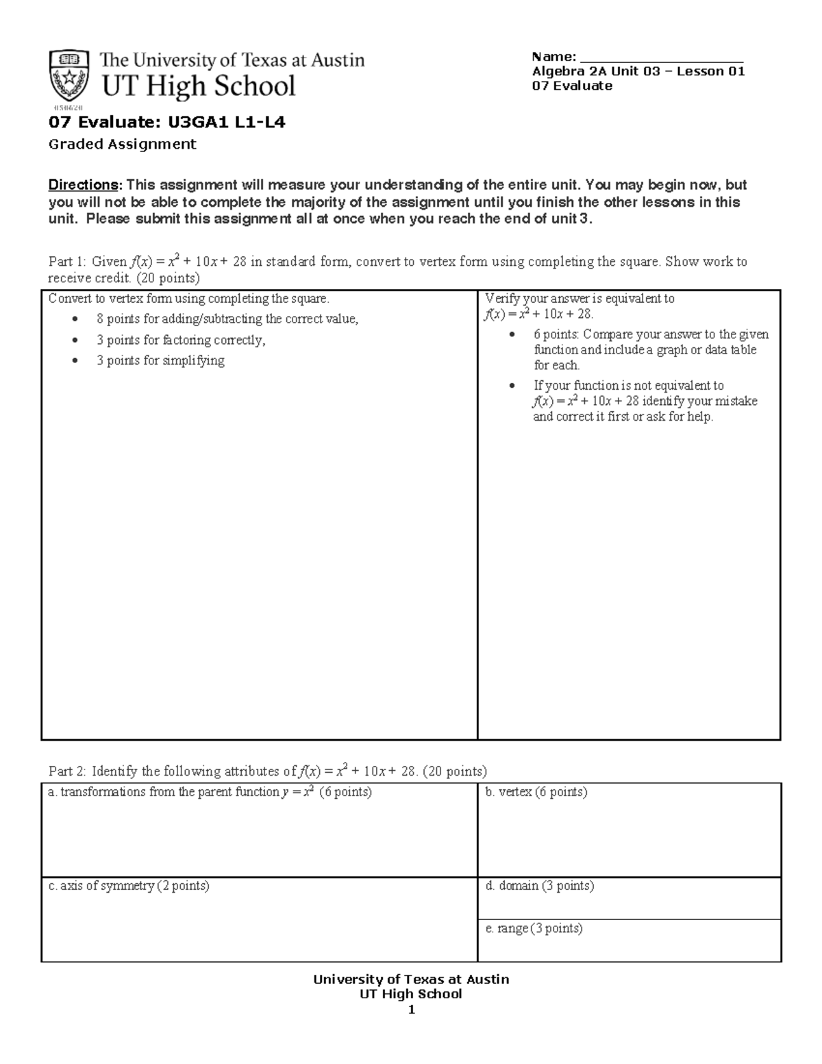 U03L01 Algebra 2A Unit 3 Graded Assignment Evaluation - Studocu