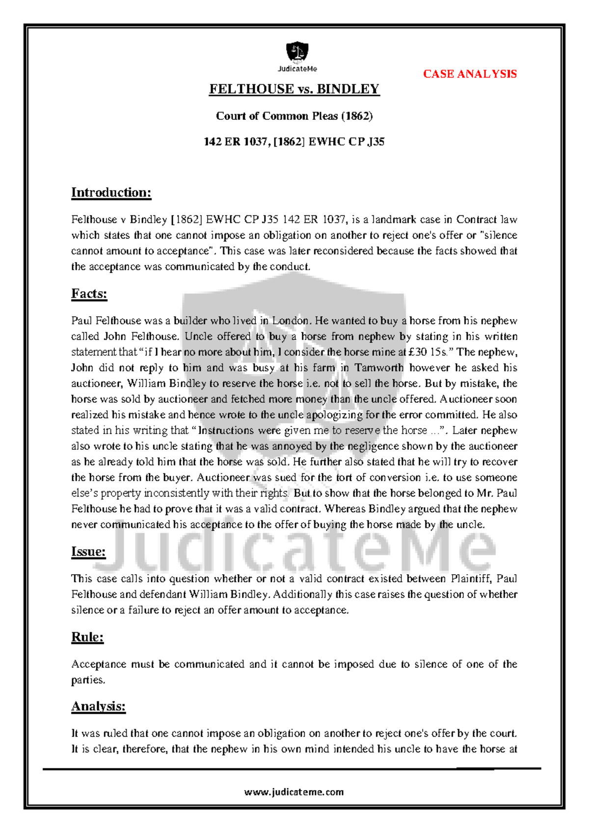 FELTHOUSE v BINDLEY - Landmark CASE SUMMARY on Contract Law - Studocu