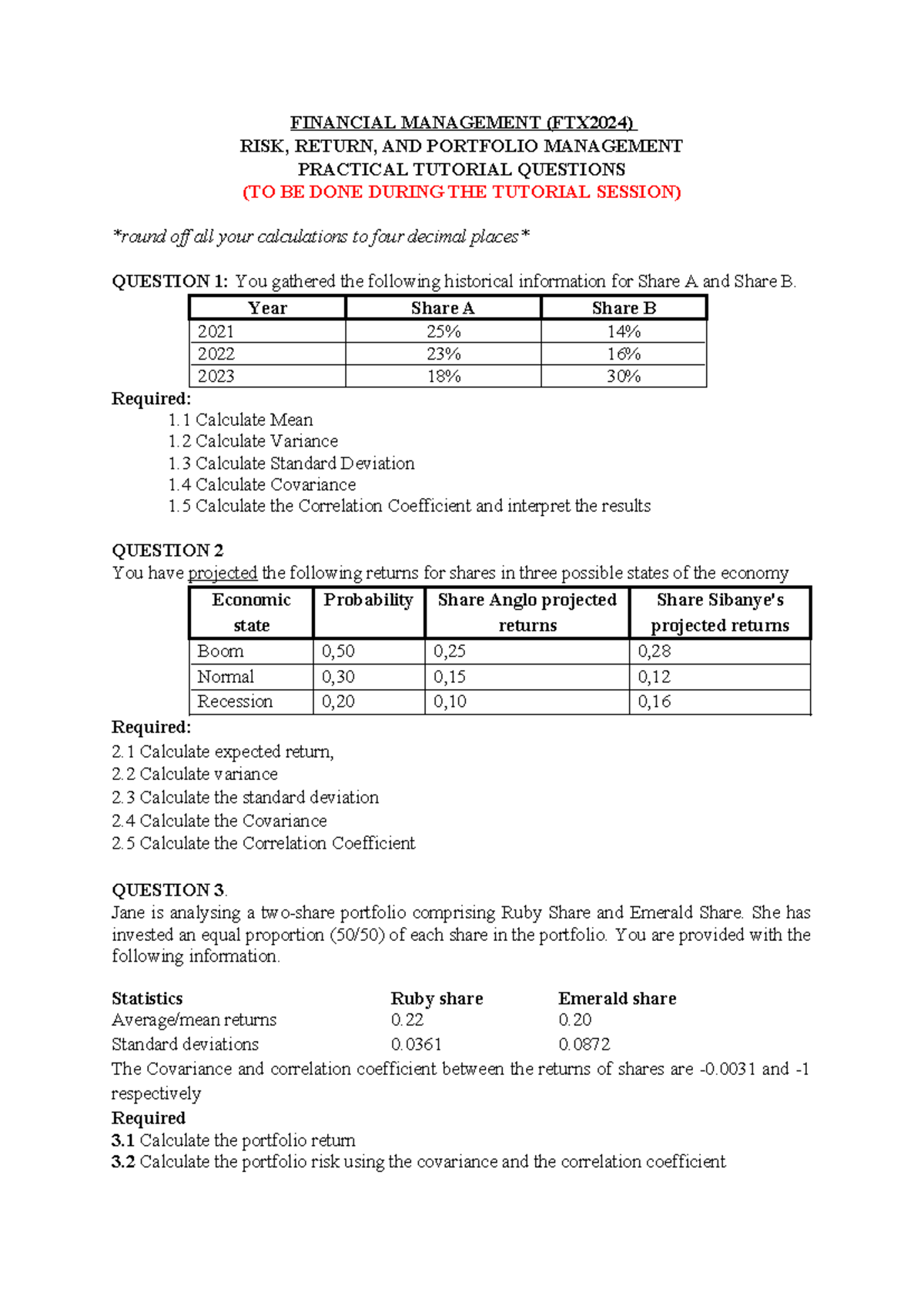 Practical Tutorial Questions - FINANCIAL MANAGEMENT (FTX2024) RISK ...