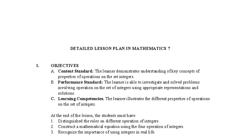 Mathematics 7 Lesson Plan: Properties of Operations on Integers - Studocu