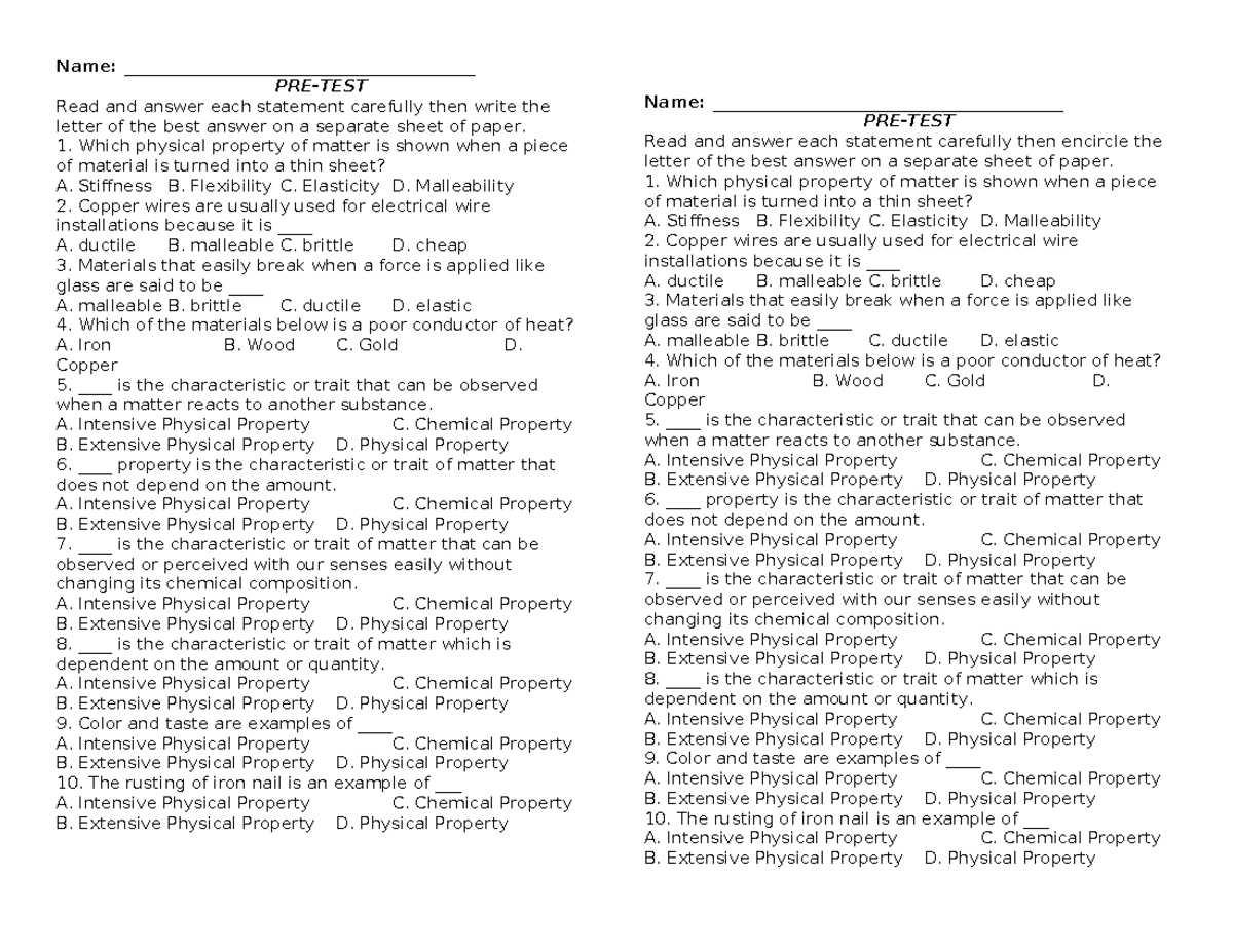 Science PRE-TEST: Physical Properties of Matter Assessment - Studocu