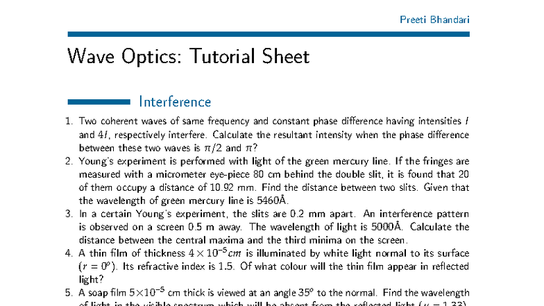Tut Sheet 1 Unit 2: Wave Optics Interference & Diffraction Notes - Studocu