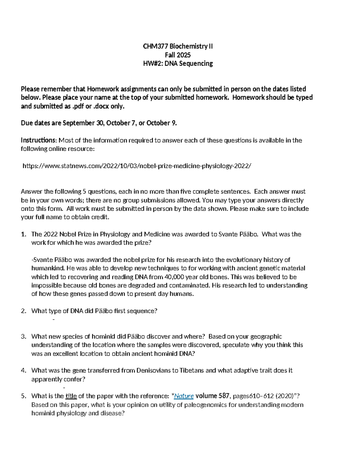 CHM377 Biochemistry II Fall 2025 Homework #2 - DNA Sequencing Insights ...