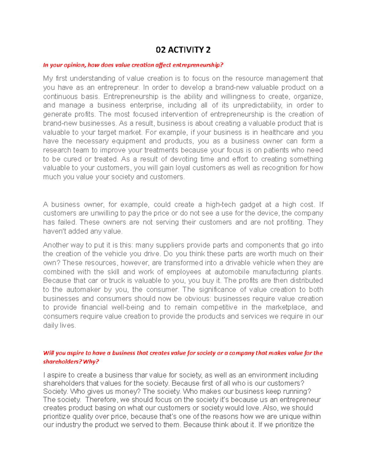 02ACT2 - Exploring Value Creation in Entrepreneurship - Studocu