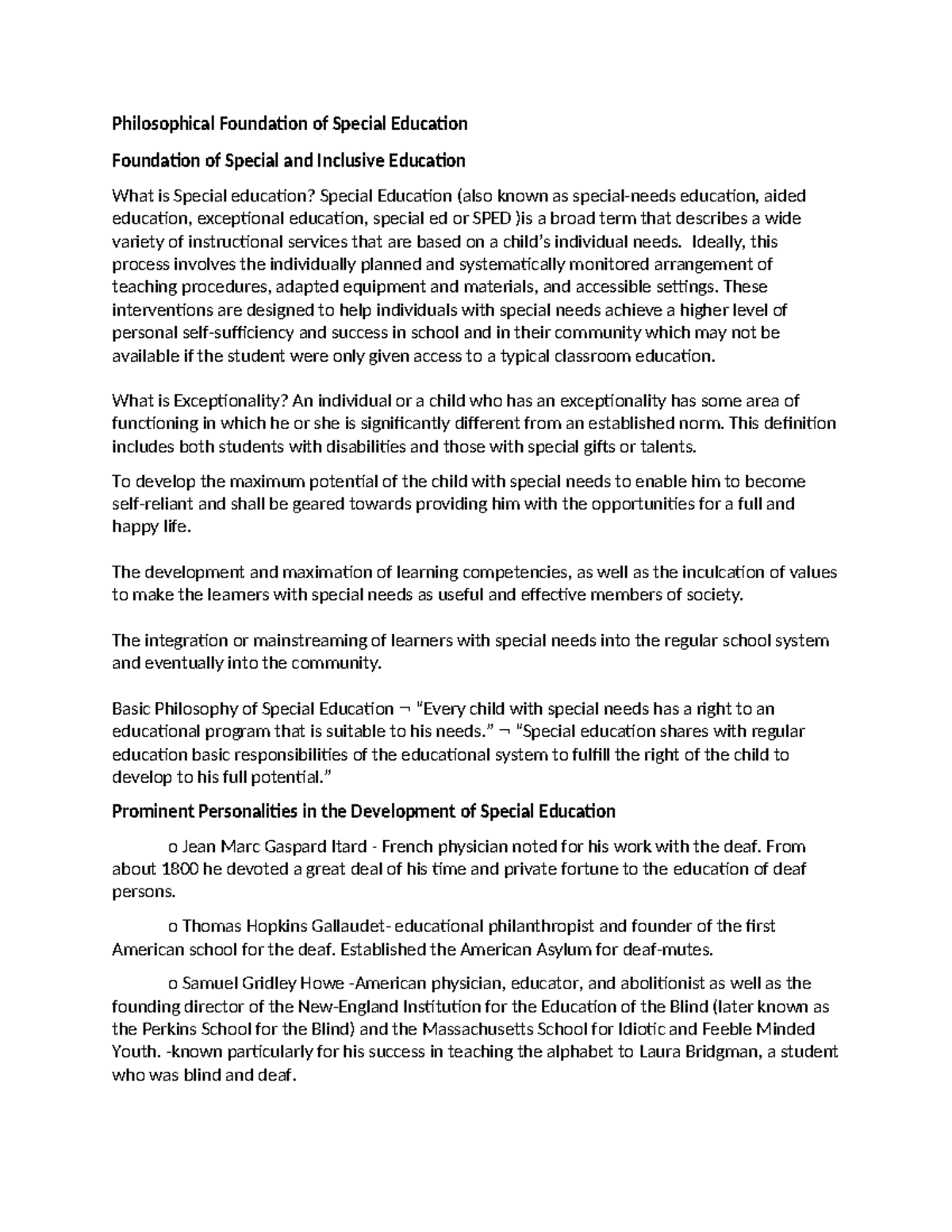 Group 1 SPED: Philosophical Foundations of Special Education - Studocu