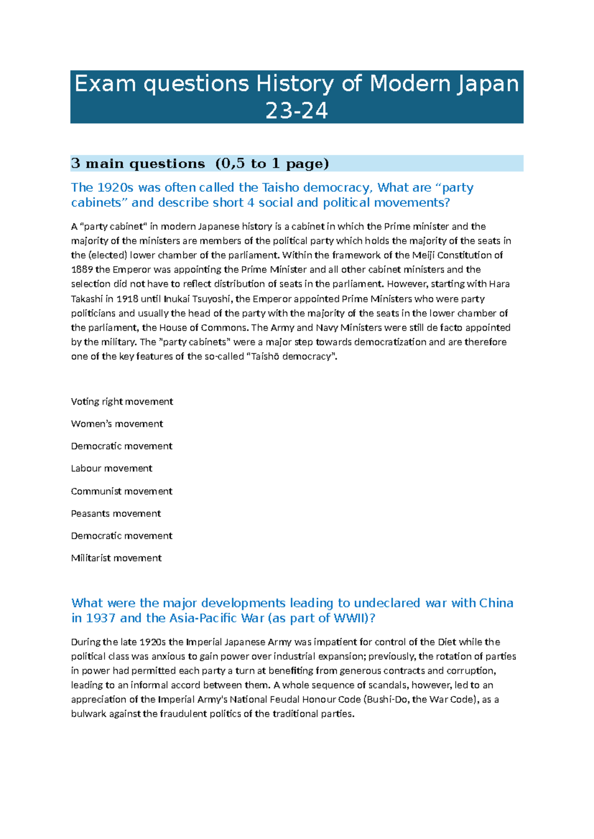 Exam Questions: History of Modern Japan (HIST 23-24) - Key Topics and ...