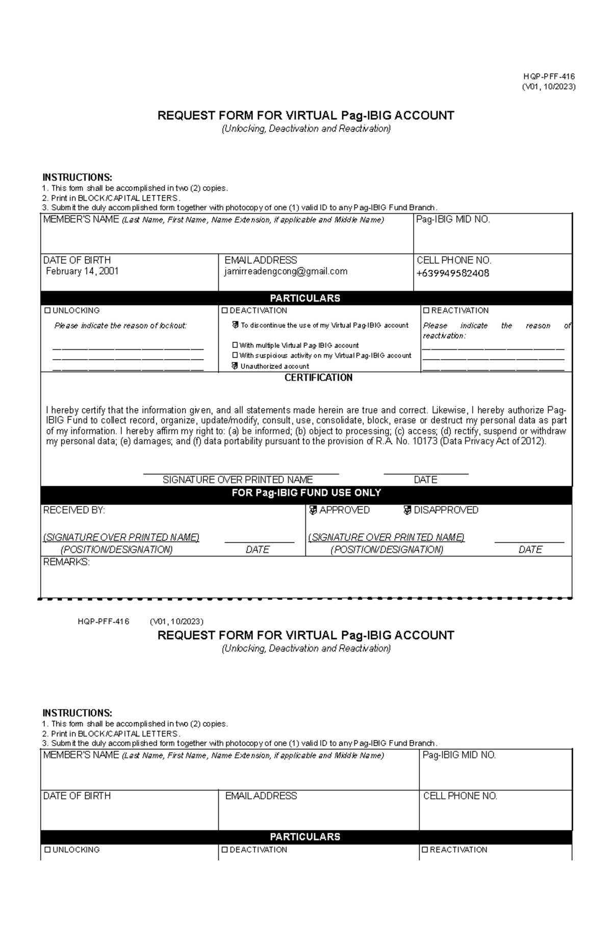 HQP-PFF-416 - Request Form for Virtual Pag-IBIG Account Actions - Studocu