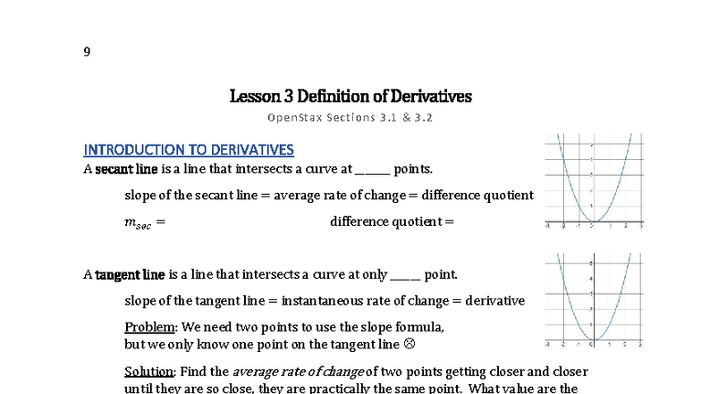 Math 119A Lesson 3: Secant and Tangent Lines, Rates of Change - Studocu