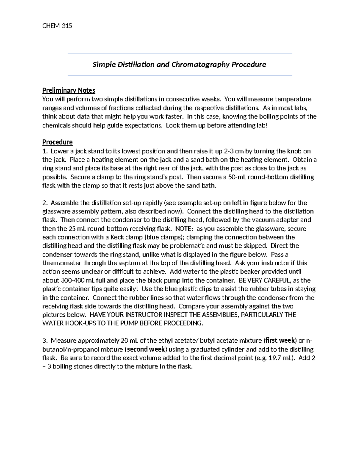 CHEM 315 Simple Distillation & Chromatography Lab Notes - Studocu