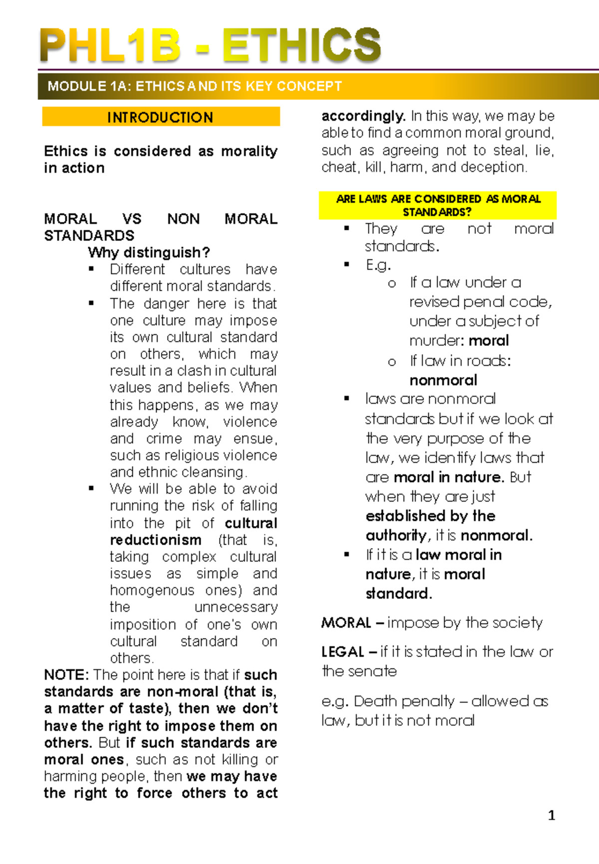 PHL1B Module-1B Ethics: Key Concepts and Moral Standards Overview - Studocu