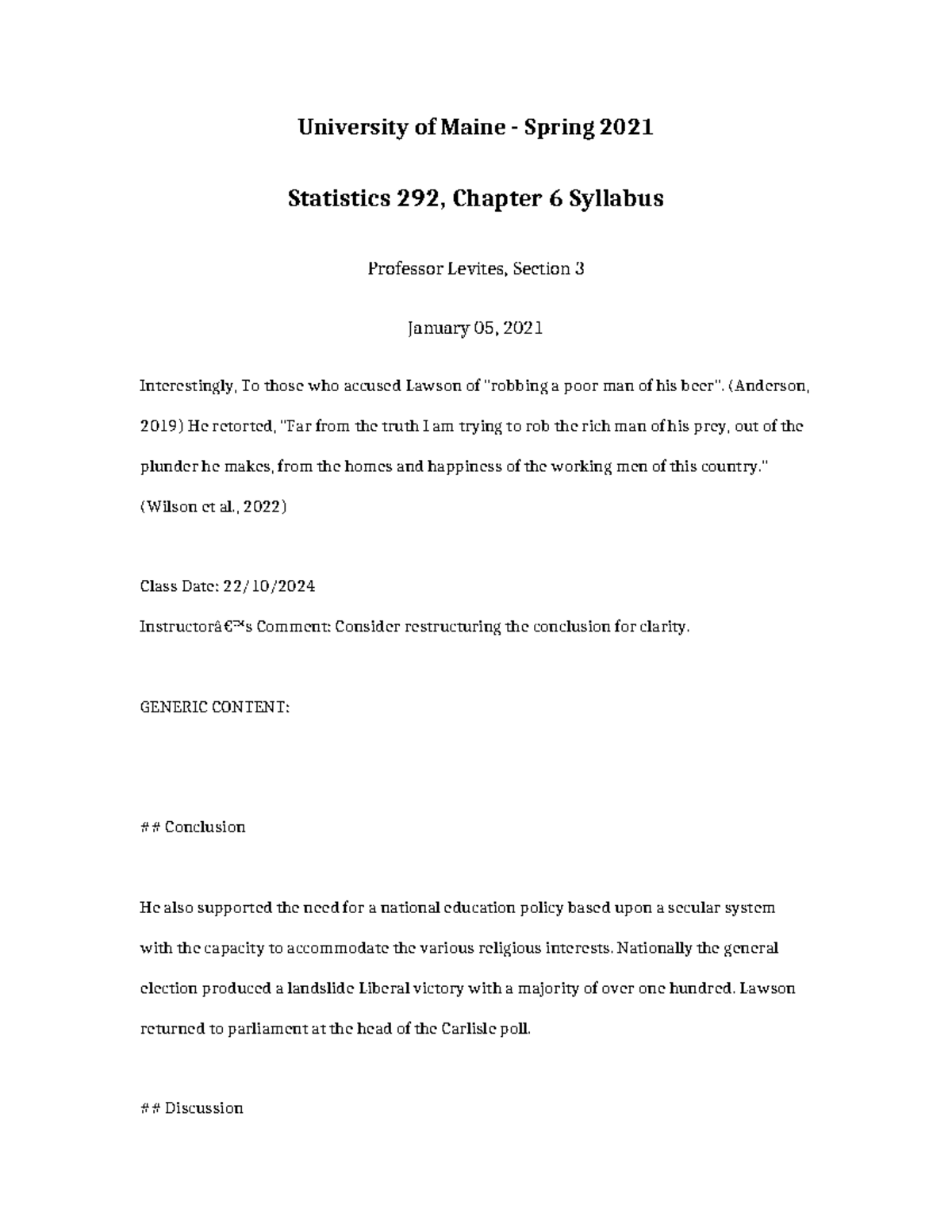 Statistics 292 Chapter 6 Syllabus - University of Maine - Spring 2021 ...