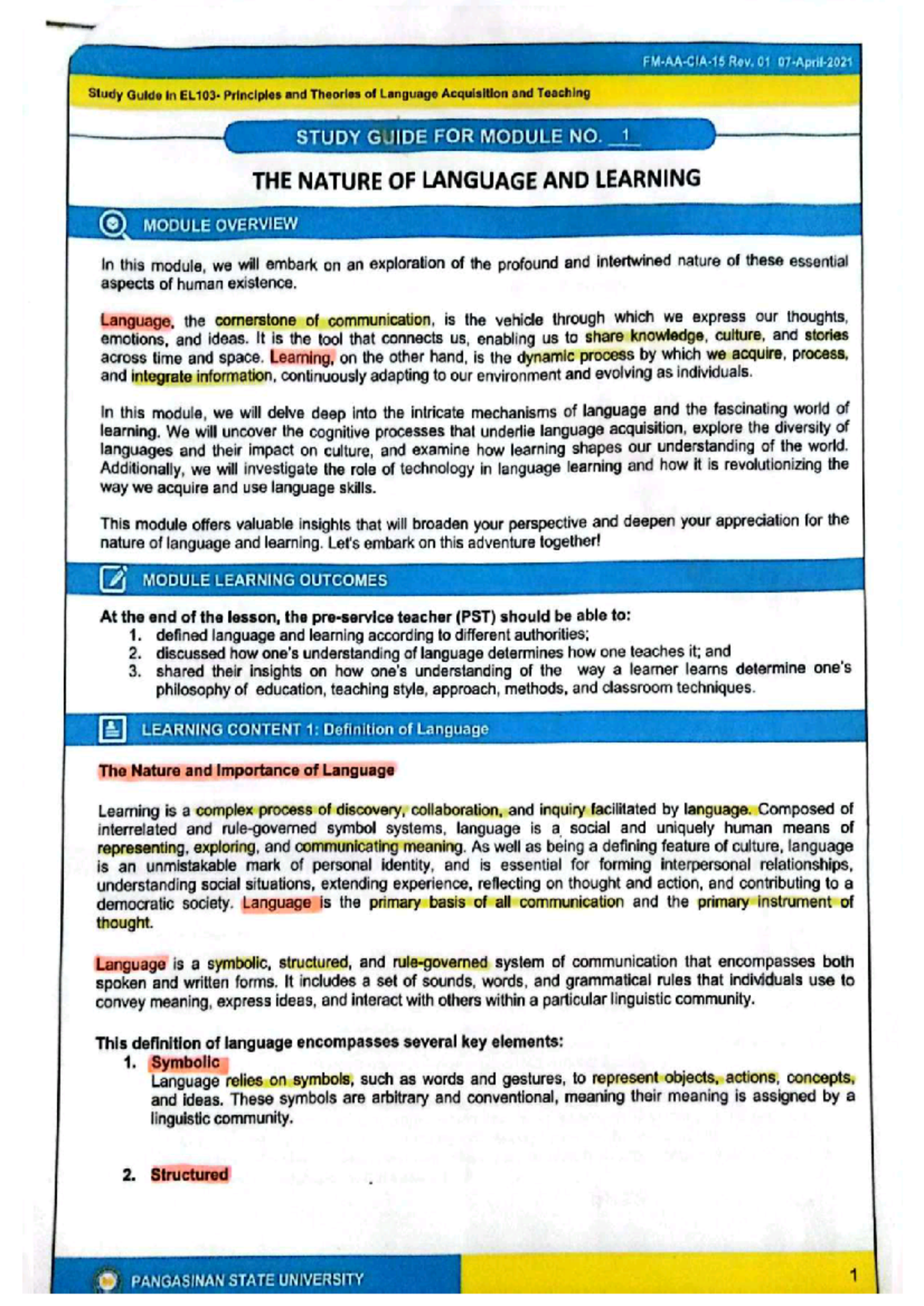EL 103 Reviewer - Rev. 01 Study Guide In Principles and Theories of ...