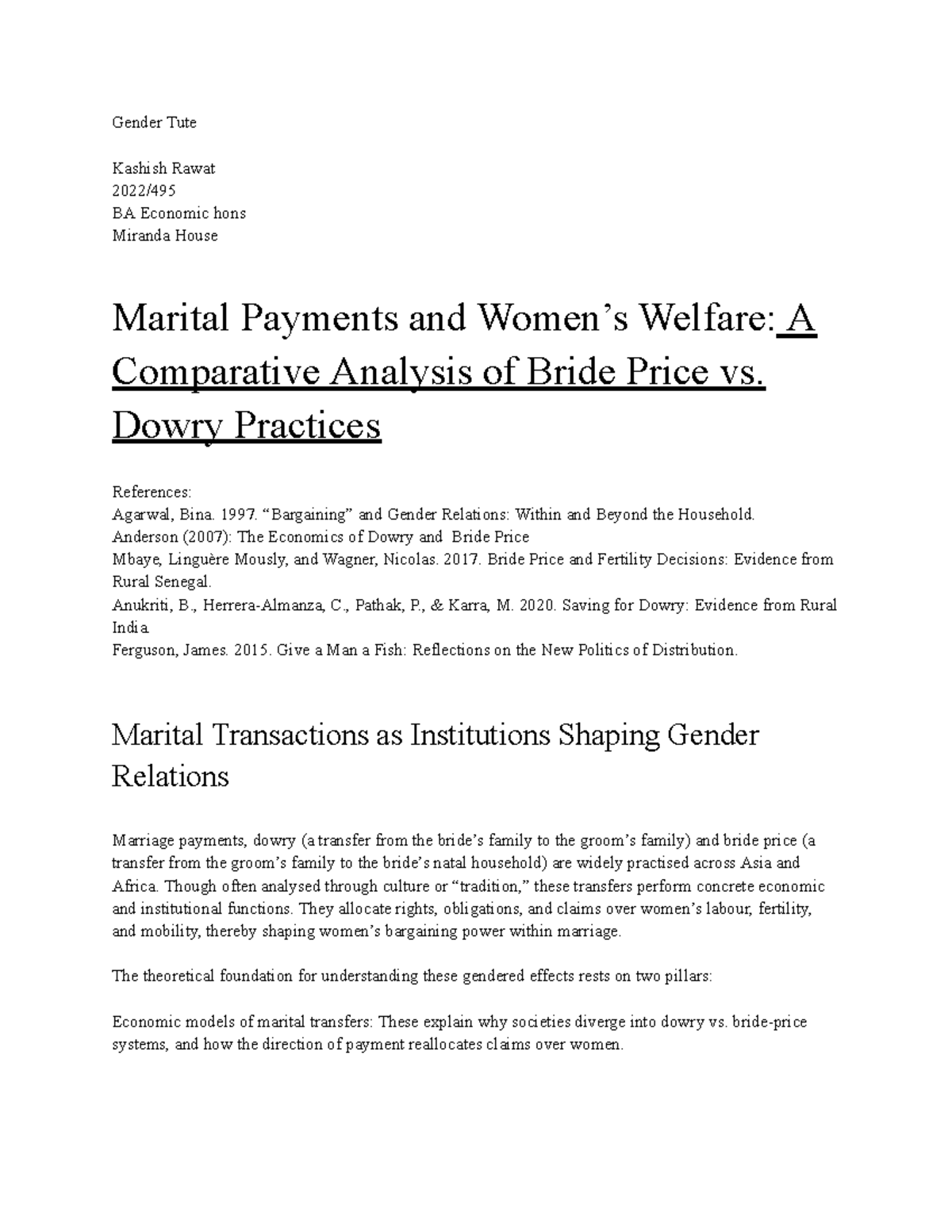 BA Economic Hons: Comparative Analysis of Dowry vs. Bride Price - Studocu