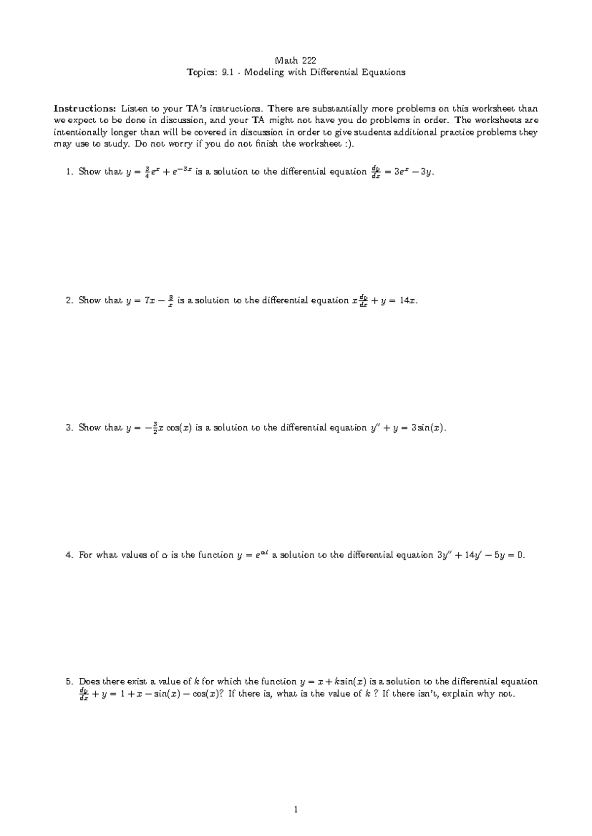 Math 222: Differential Equations Modeling Worksheet - Studocu