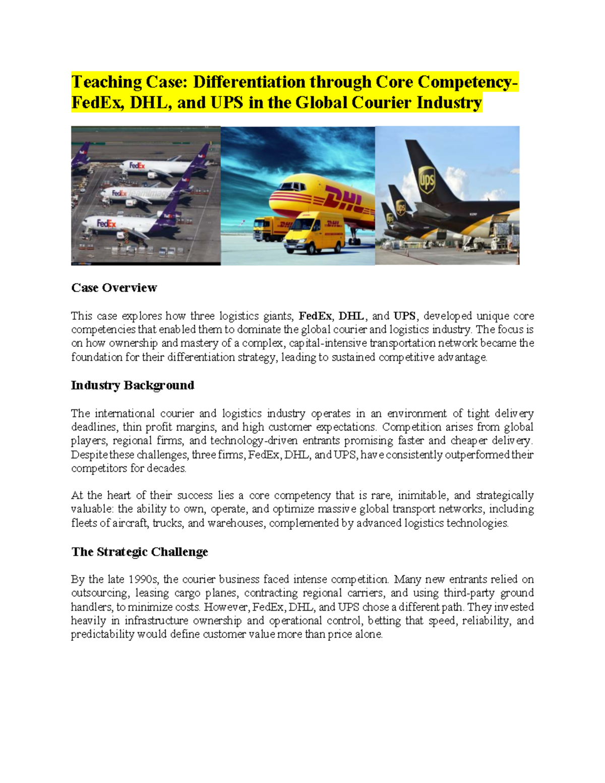 Teaching Case: Core Competency in Global Courier Industry - Studocu