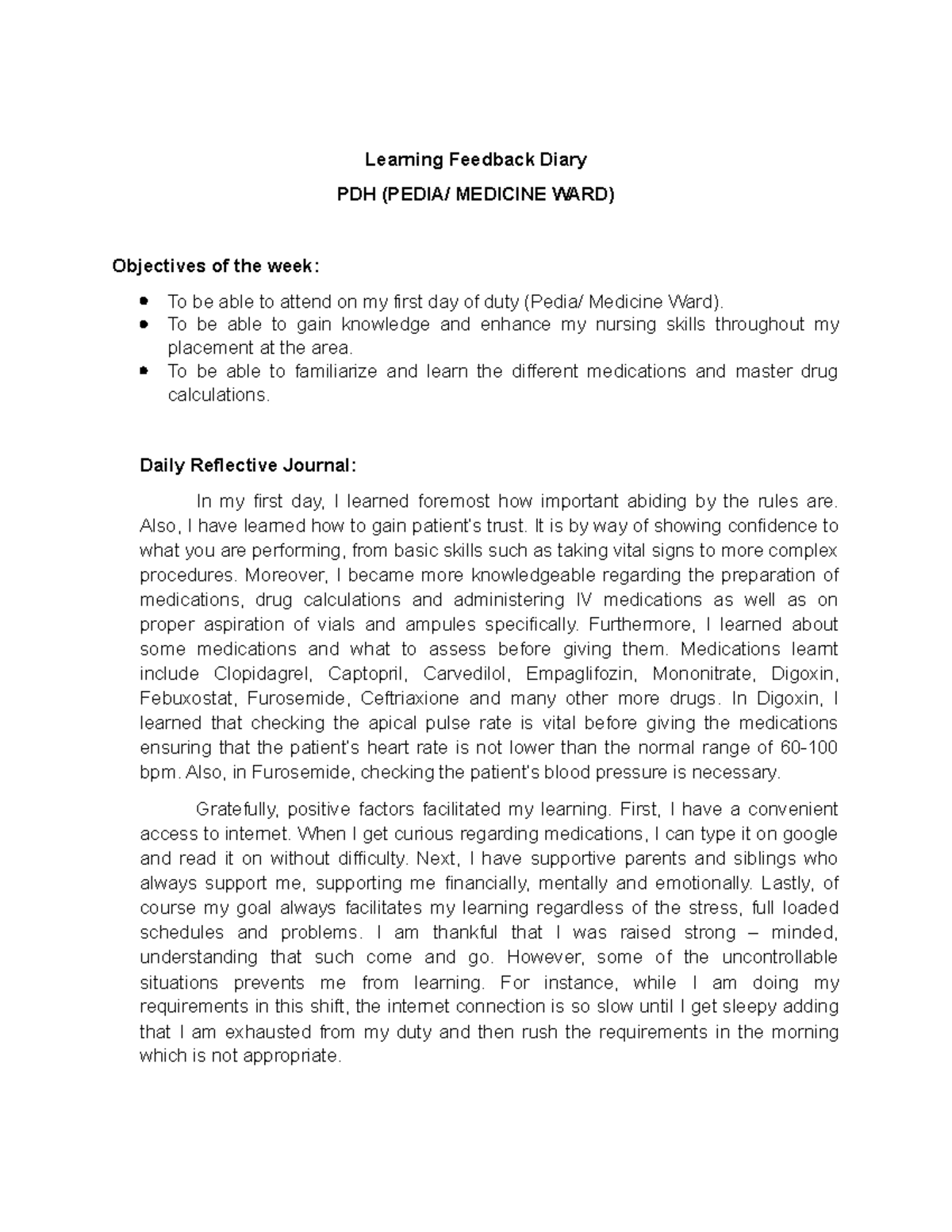 LFD - Weekly Learning Feedback Diary for Pedia/Medicine Ward - Studocu