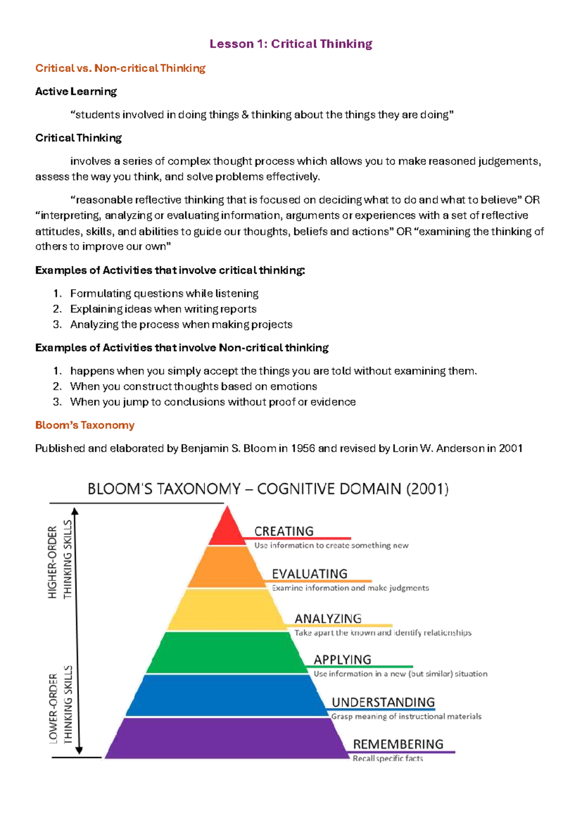 UNIT 1. Lesson 1. Critical Thinking - Lesson 1: Critical Thinking ...