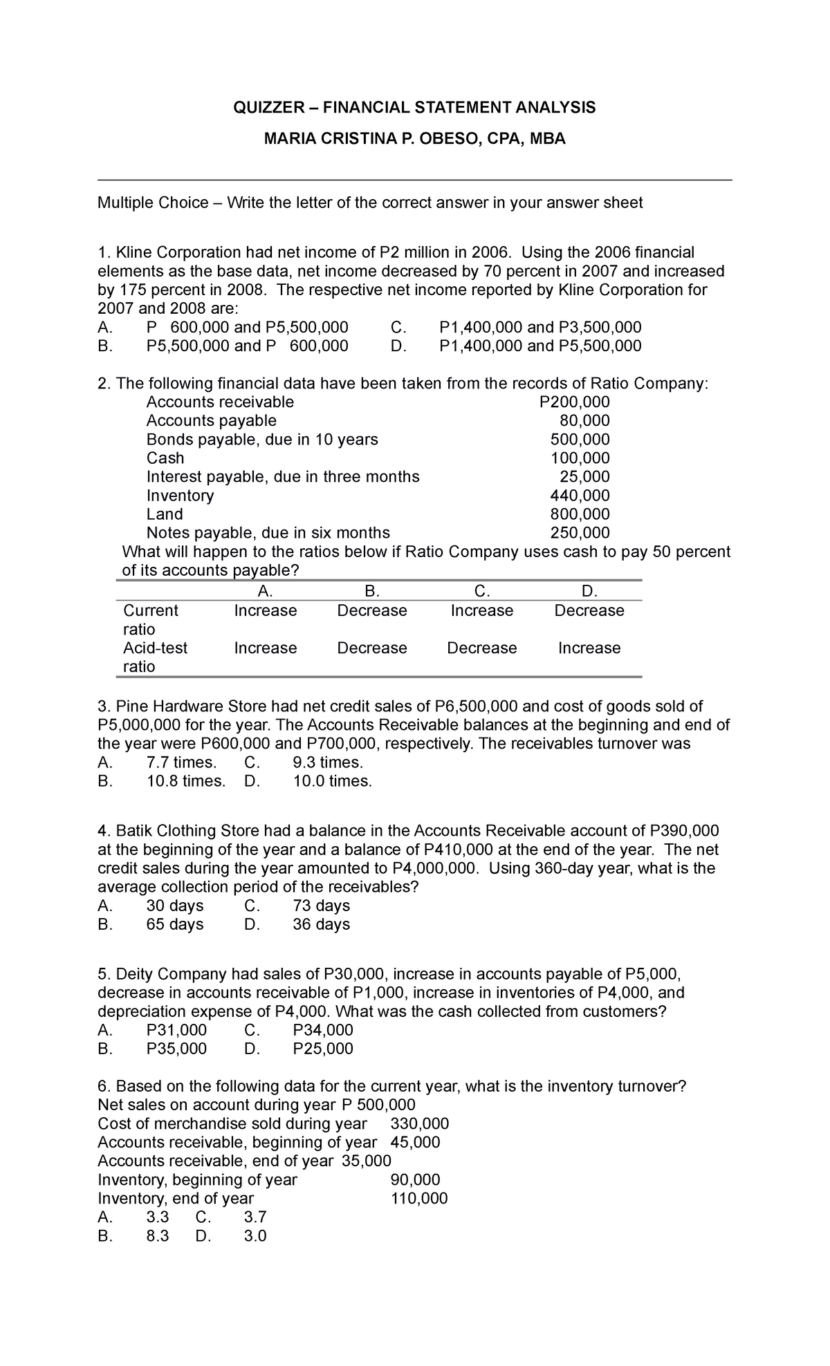 Financial Statement Analysis QUIZ: Problem Set and Solutions - Studocu
