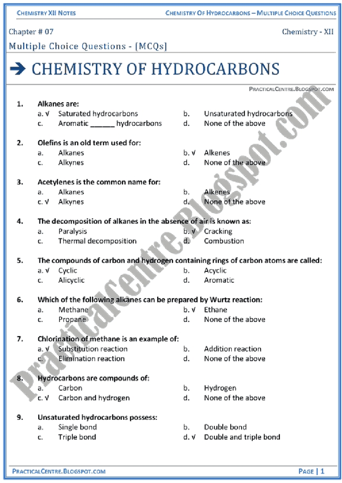 CHEMISTRY XII NOTES: MCQs on Chemistry of Hydrocarbons - Studocu
