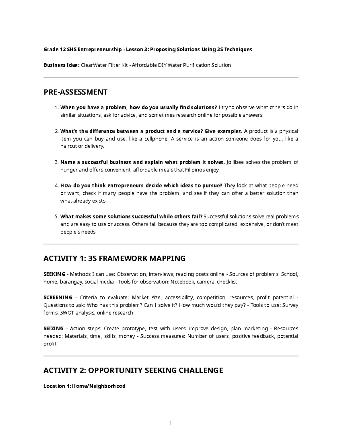 Grade 12 SHS Entrepreneurship Lesson 3: 3S Techniques for Solutions ...