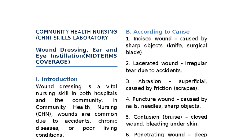 COMMUNITY HEALTH NURSING (CHN) MIDTERM: Wound Dressing & Ear/Eye ...