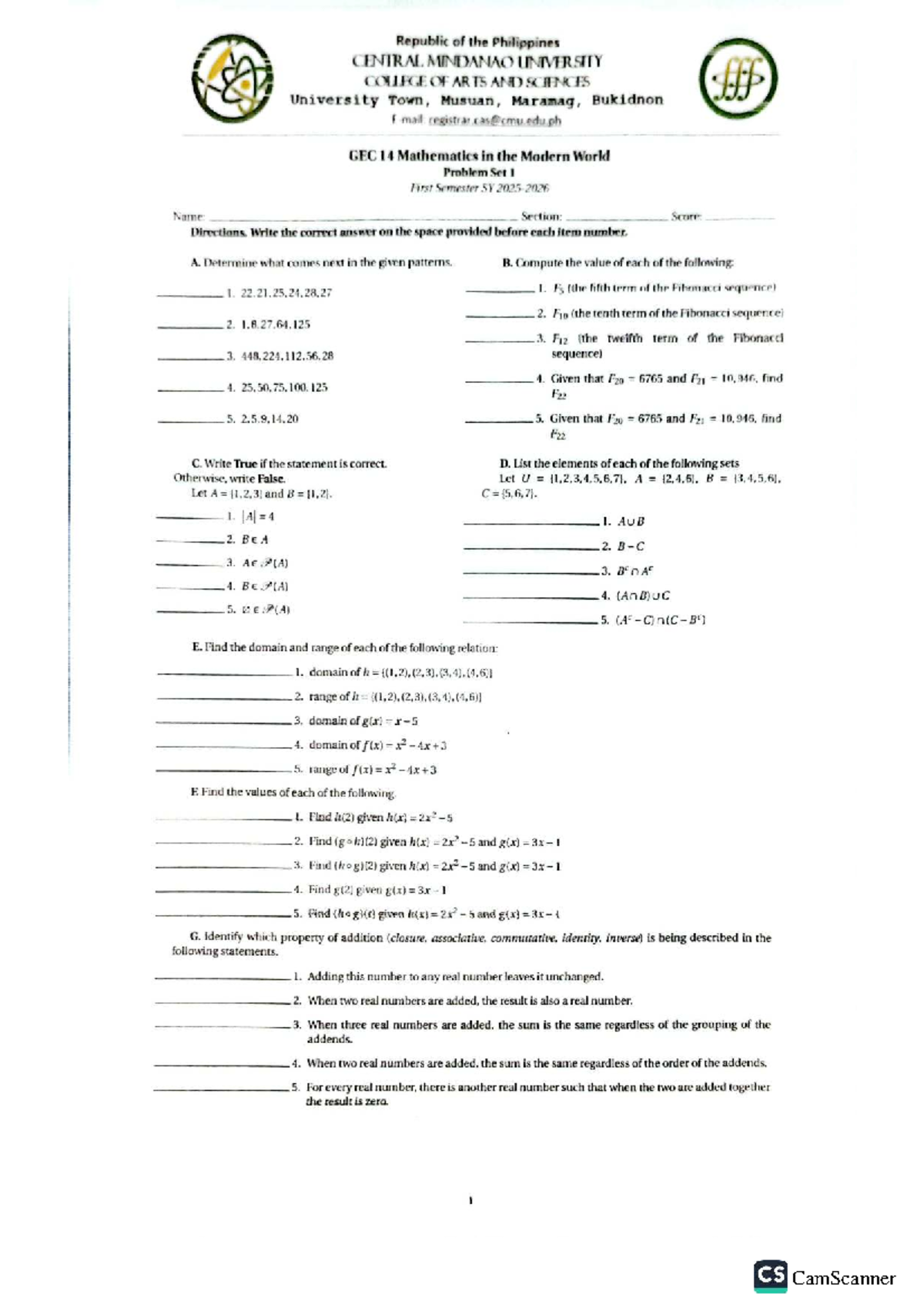 GEC 14 MMW Problem Set I: Patterns, Sequences, and Properties - Studocu