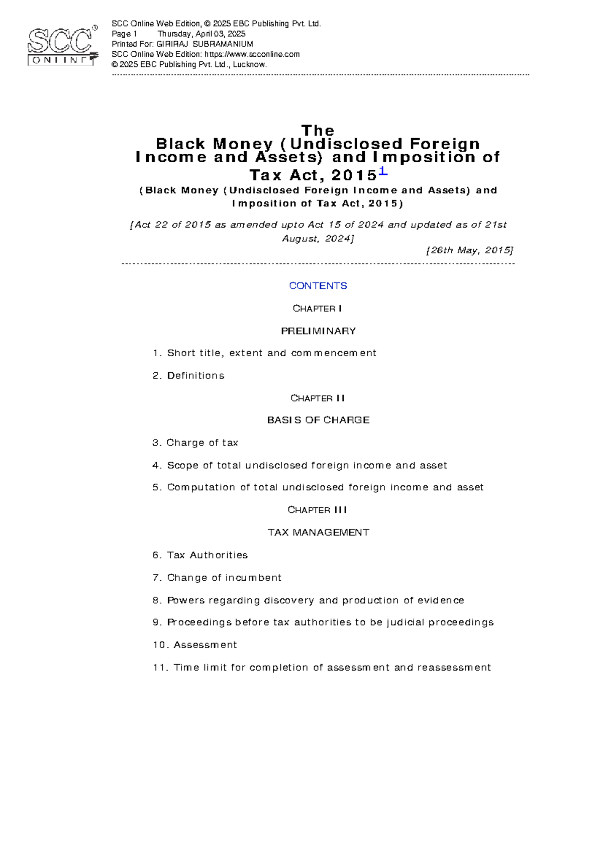 SCC 2025: Black Money Act - Undisclosed Foreign Income & Assets - Studocu