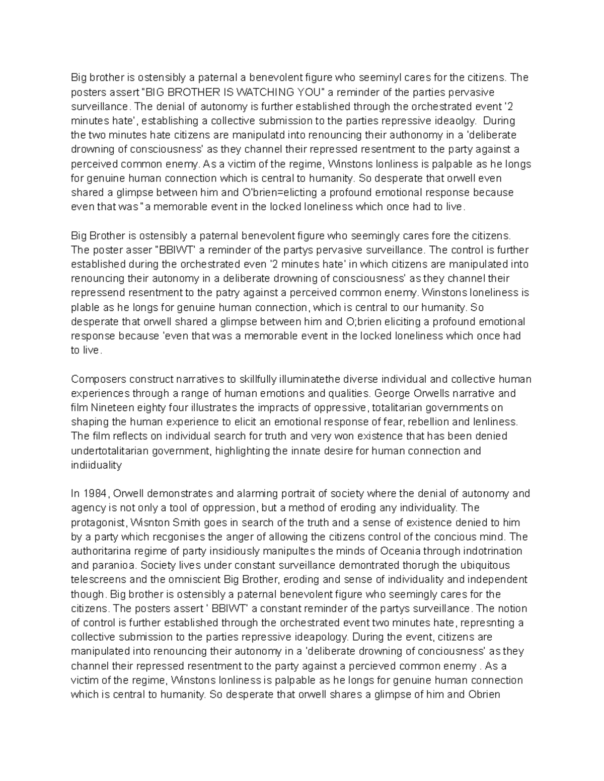 ENG 101: Essay on Orwell's 1984 - The Struggle for Autonomy and ...