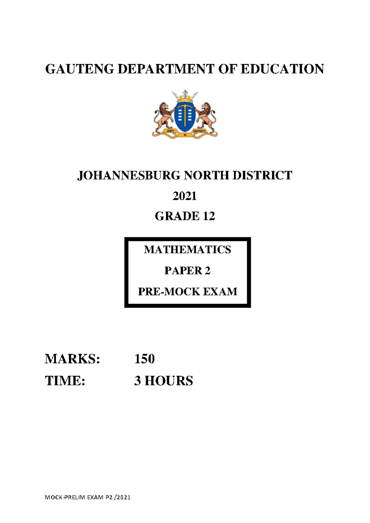 Grade 12 Maths P2 Pre-Mock Exam Paper - 2021 - Studocu