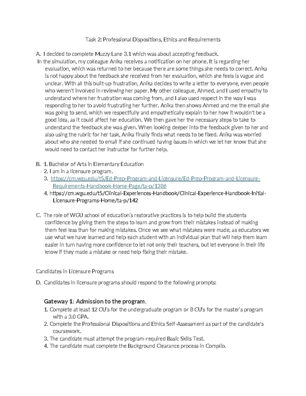 Task 2: Professional Dispositions & Ethics in Education (BA Licensure ...