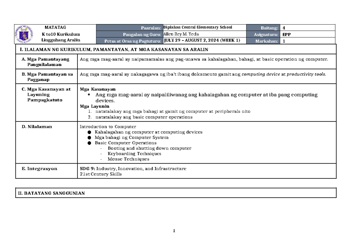 DLL Matatag EPP 4 Q1 W1 - Matatag Lesson on Computer Basics - Studocu