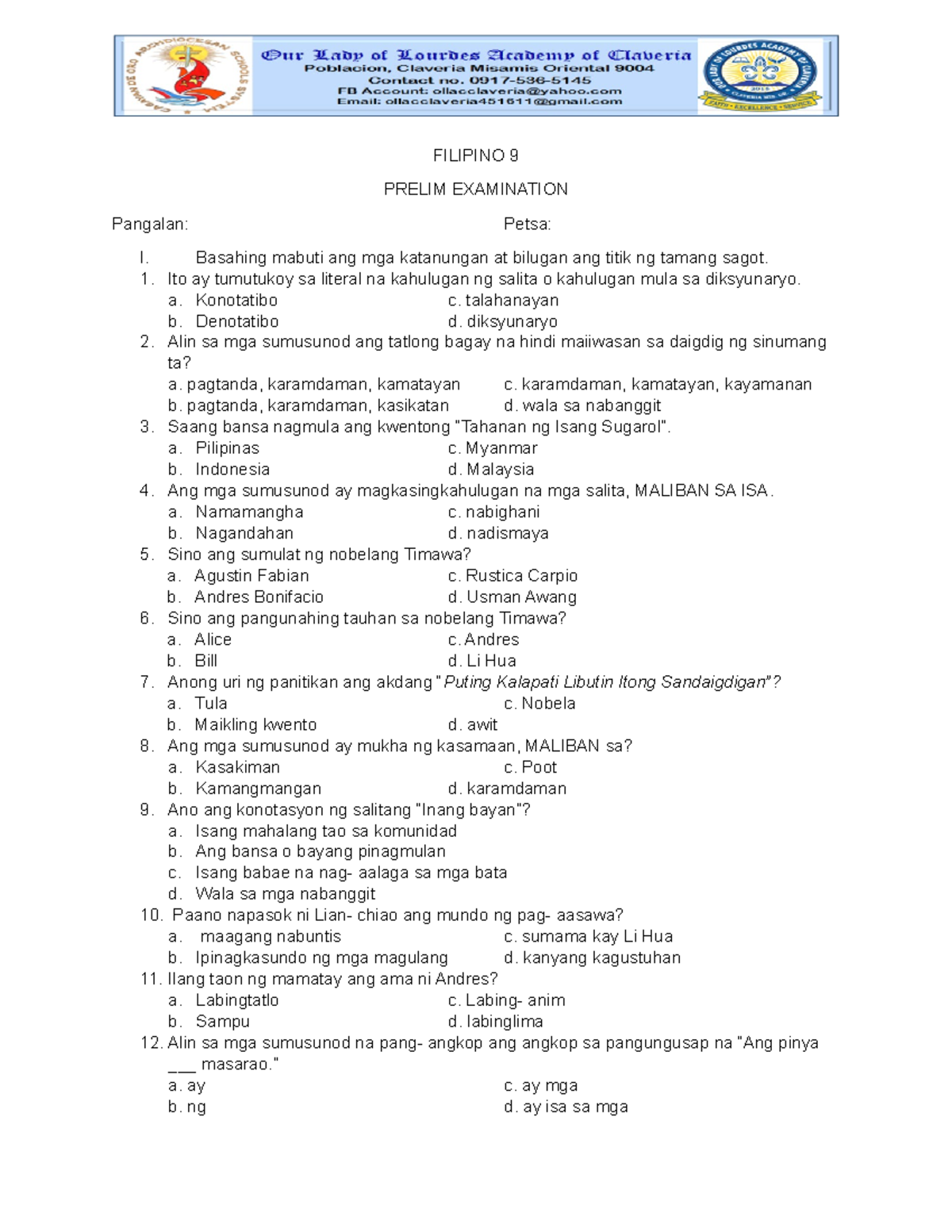 FILIPINO 9 Prelim Exam Questions and Answers Guide - Studocu