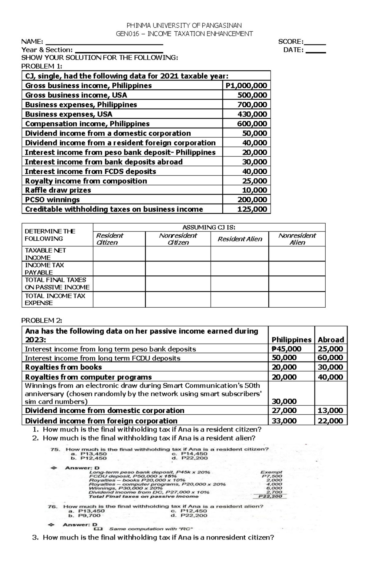 GEN016 Income Taxation Practice Problems and Solutions - Studocu