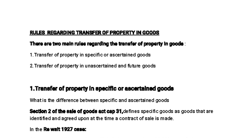 Rules on Transfer of Property in Goods: Key Principles and Cases - Studocu