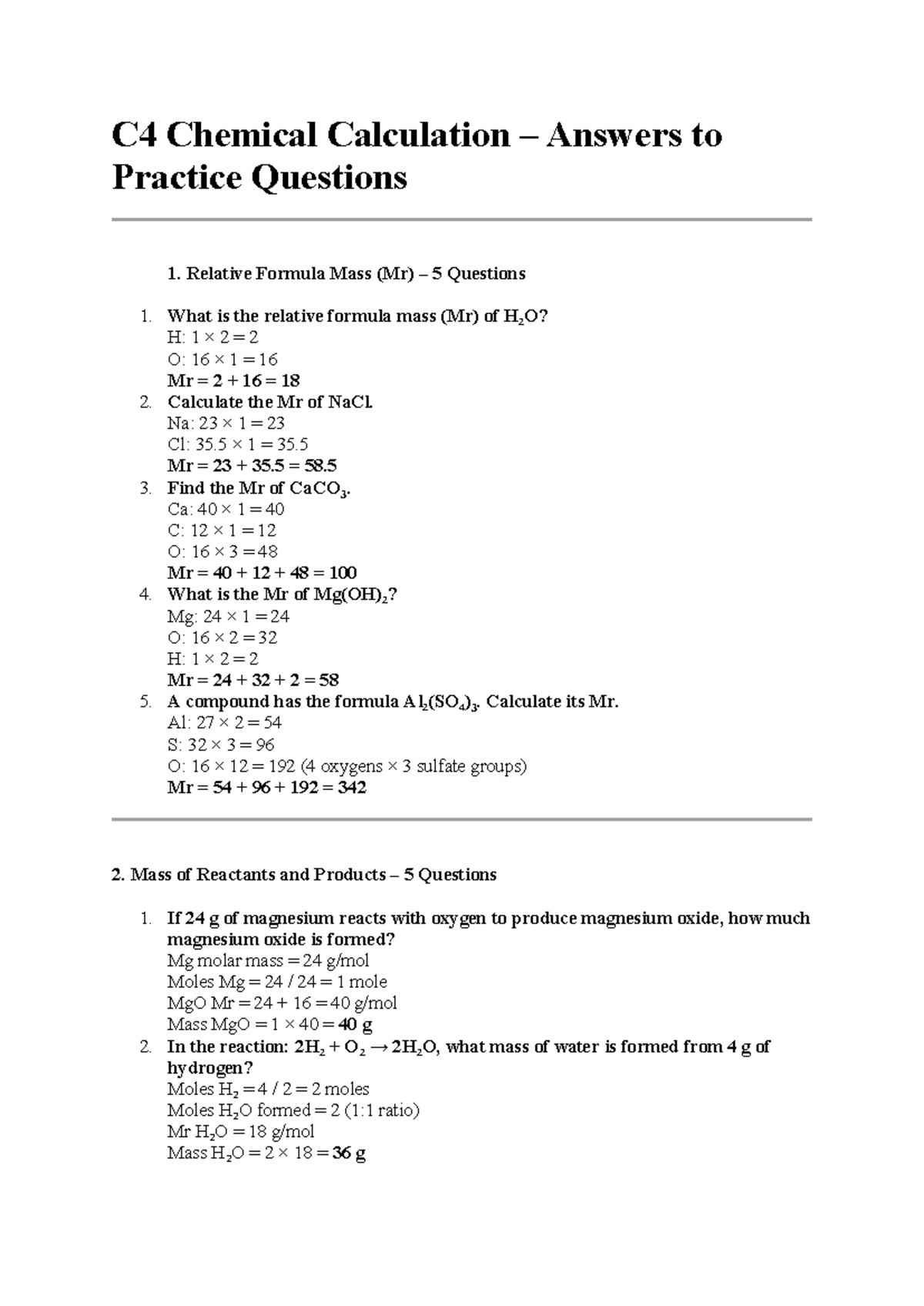 C4 Chemical Calculation Practice Questions & Answers - Studocu