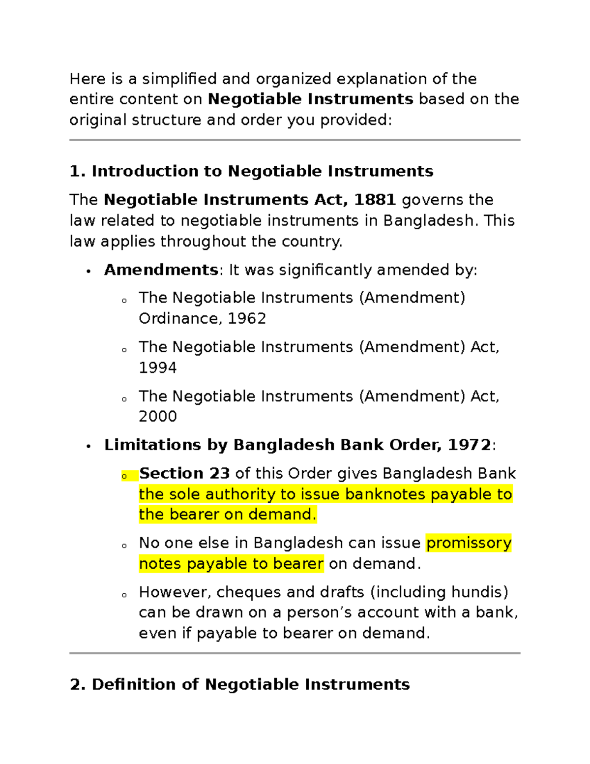 Negotiable Instruments Act Summary (LAW 101) - Studocu