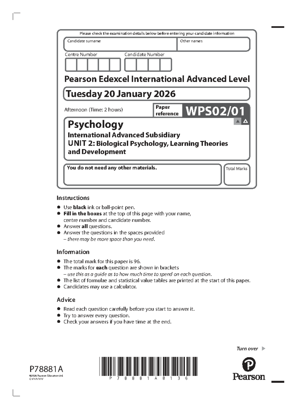 IAL Psychology 2026 Jan Unit 2 Exam Paper - Studocu