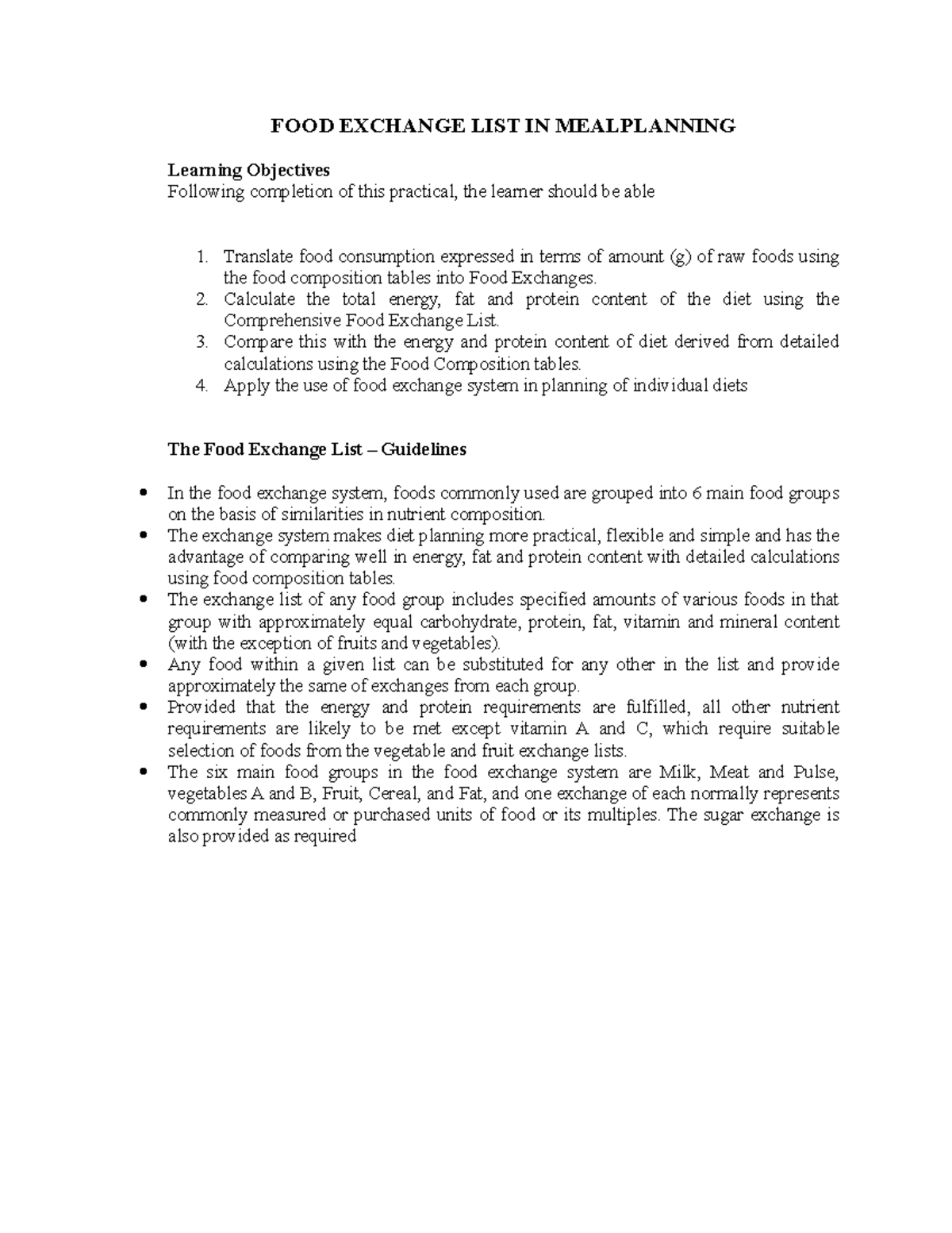 Food Exchange Lists: Meal Planning & Nutritional Guidelines DOC - Studocu
