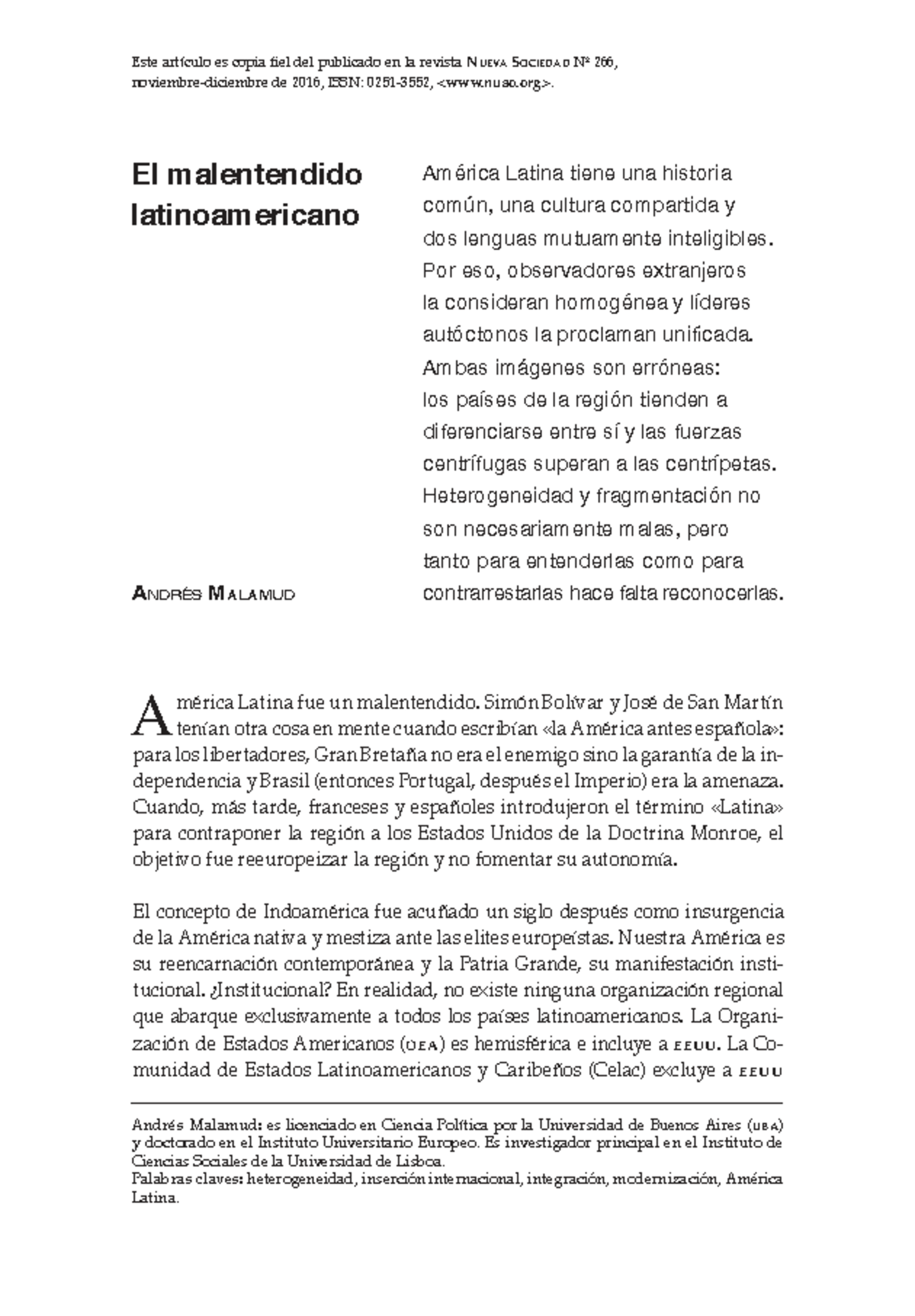 Malamud (2016): El Malentendido Latinoamericano en Perspectiva - Studocu