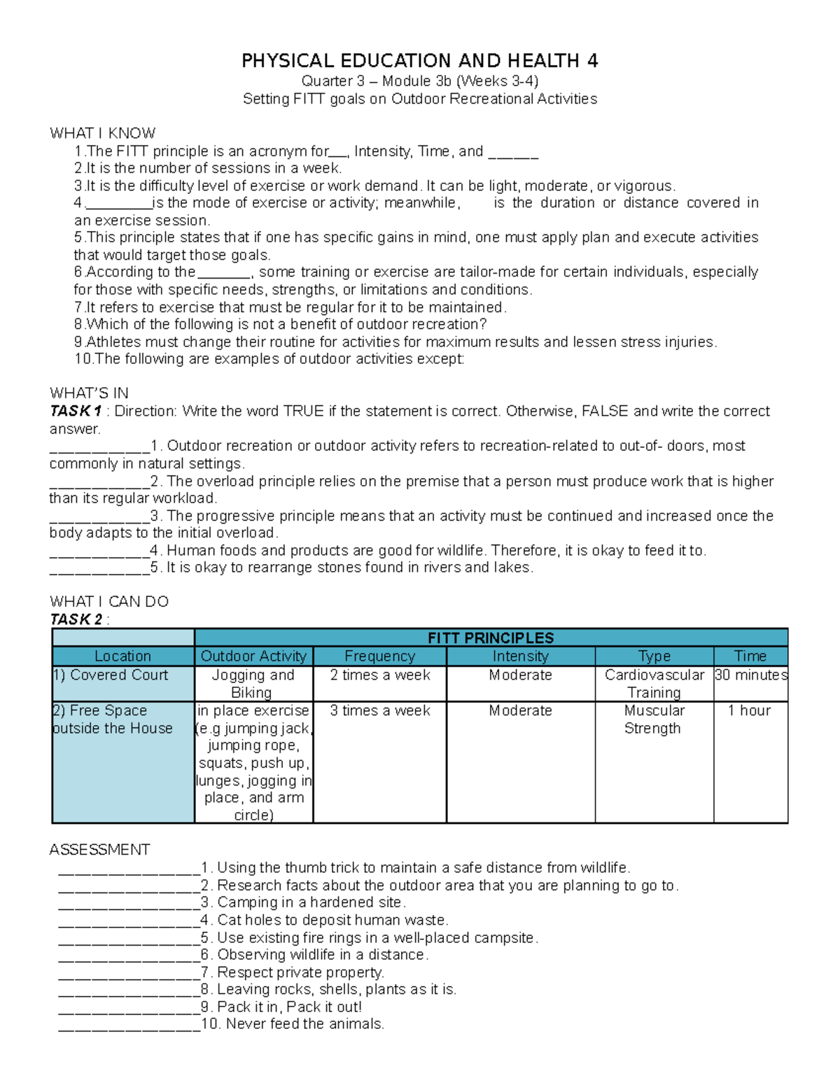 PEHE 4 Q3 Module 3b: Setting FITT Goals in Outdoor Activities - Studocu