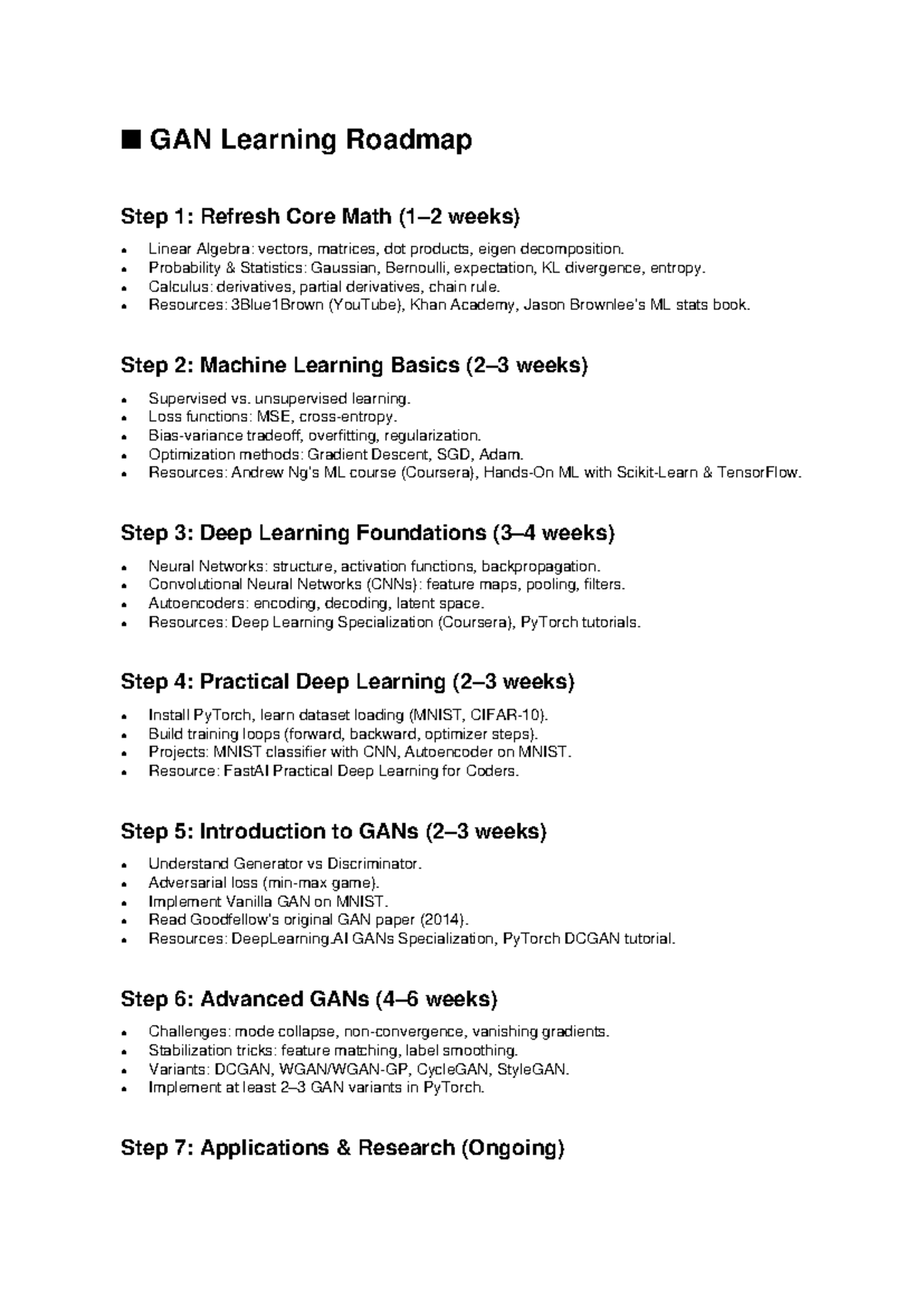 GAN Learning Roadmap: A Comprehensive Guide to Mastering GANs - Studocu