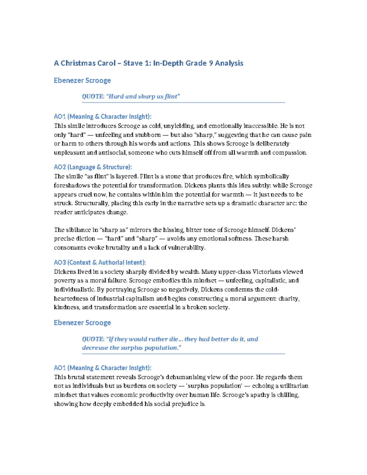 A Christmas Carol Stave 1: Grade 9 Character Analysis of Scrooge - Studocu