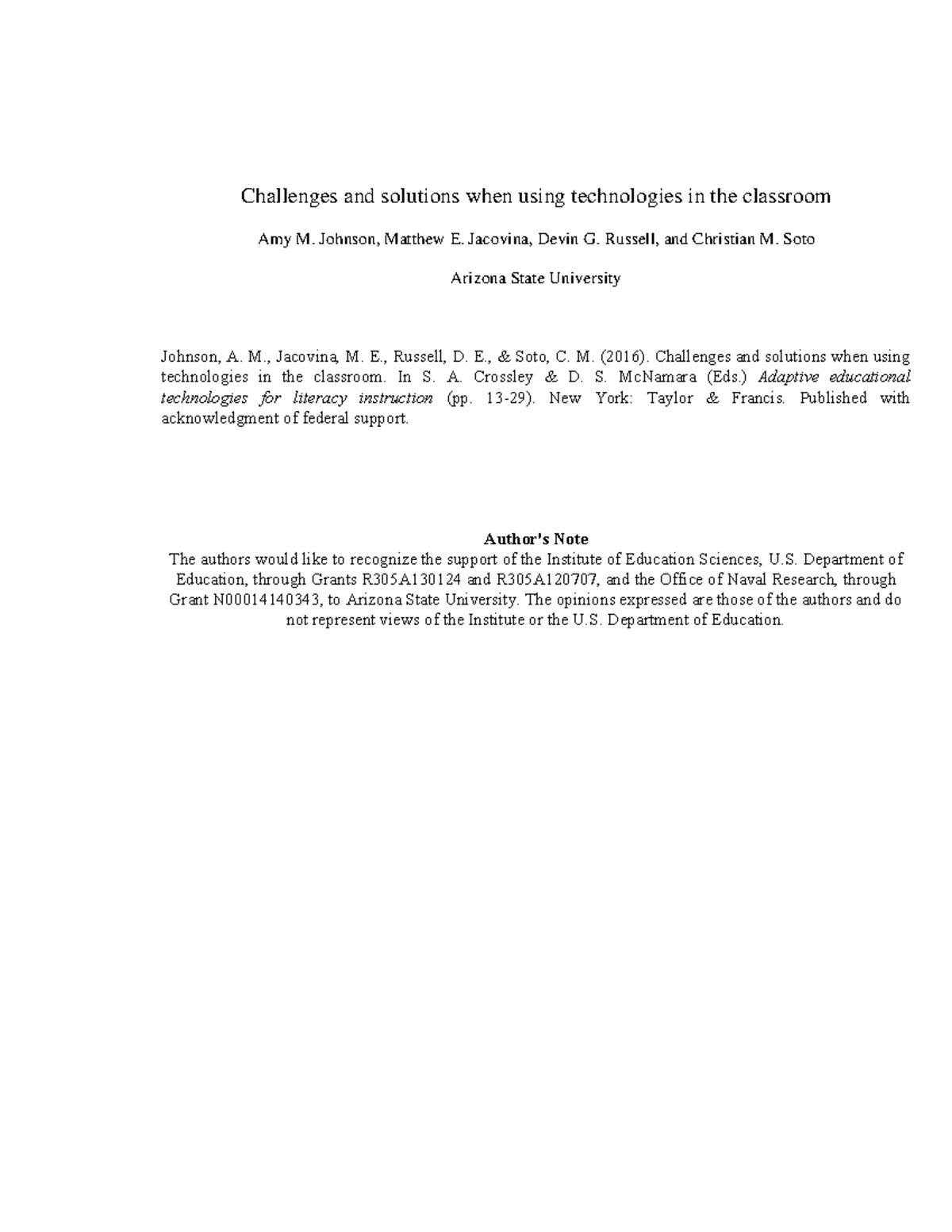 ED577147 - Challenges and Solutions for Tech Use in Classrooms - Studocu