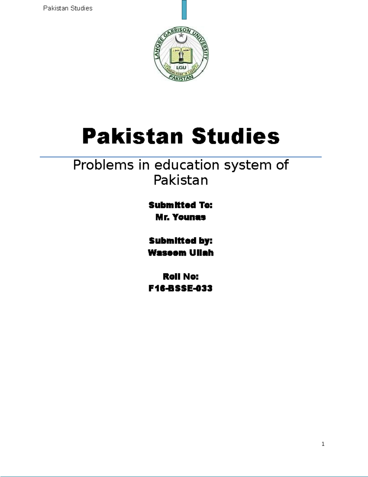 Pakistan Studies Assignment 1: Challenges in Education System - Studocu