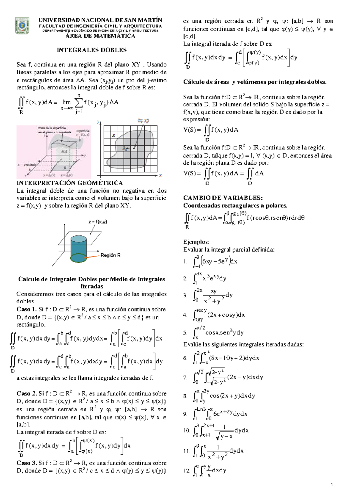 Integrales Dobles - Ejercicios de Cálculo 2 (ING-202) - Studocu