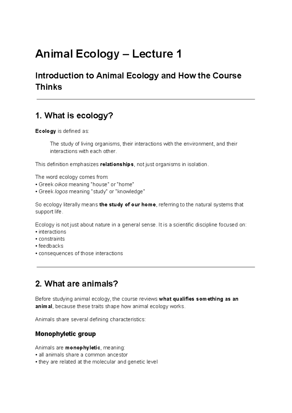 Biology 3435G Lecture 1: Introduction to Animal Ecology Concepts - Studocu