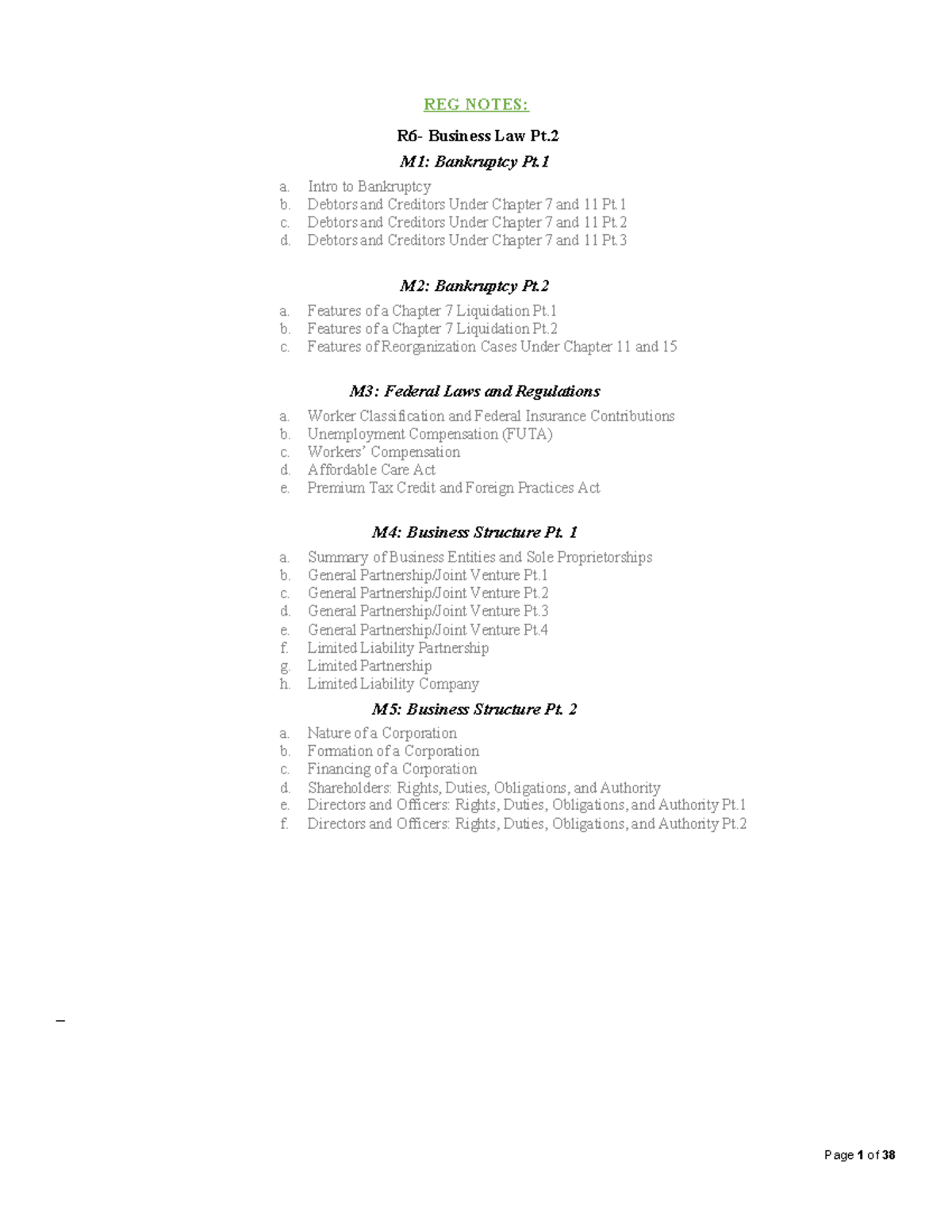 Business Law Notes: Bankruptcy, Structures & Federal Regulations (R6 ...